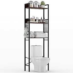 Giantex Over-The-Toilet Storage Shelf, 3-Tier Bathroom Space Saver with 3 Hooks, Industrial Tower Rack for Restroom, Kitchen, Freestanding Bathroom Organizer (Rustic Brown)