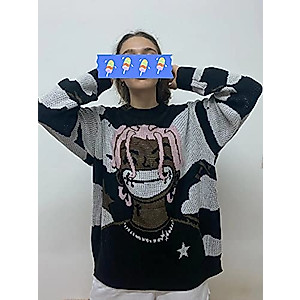 Cartoon Anime Knitted Sweater Men Winter Oversized Men's Rock Hip Hop Rap Pullover Women Jumper Ugly Sweater (Black,L,Large)