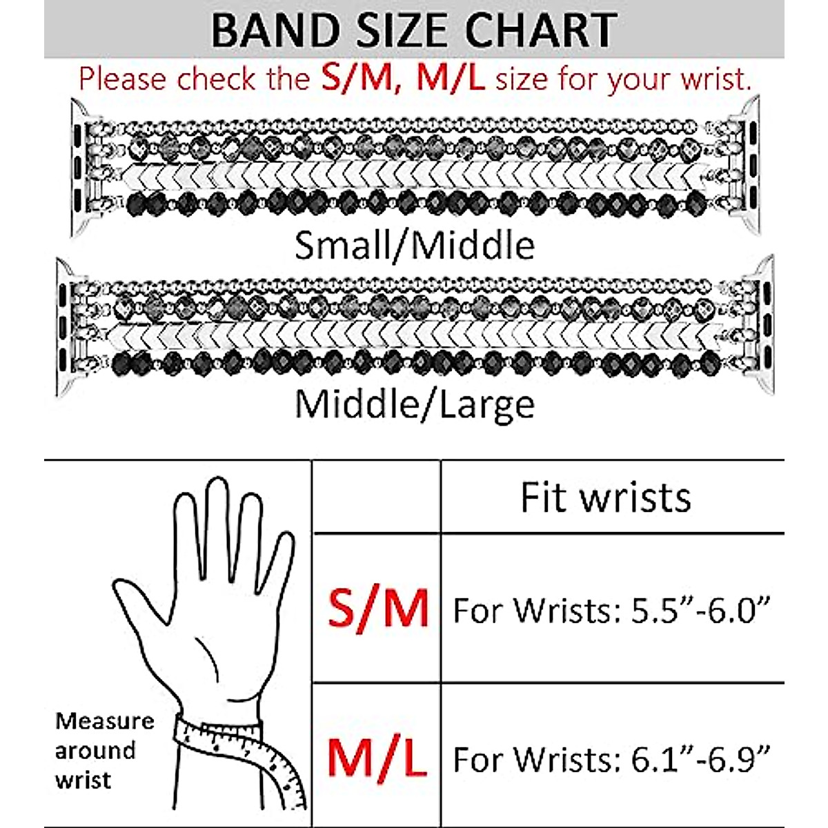Fastgo Bracelet Band Beaded Compatible with Apple Watch 38mm 40mm 41mm 42mm 44mm 45mm 49mm Women,Fashion Elastic Stretch Strap Bands for Iwatch SE&Series 9 Ultra 8 7 6 5 4 3 2 1(Black/Sliver/Grey,S/M)