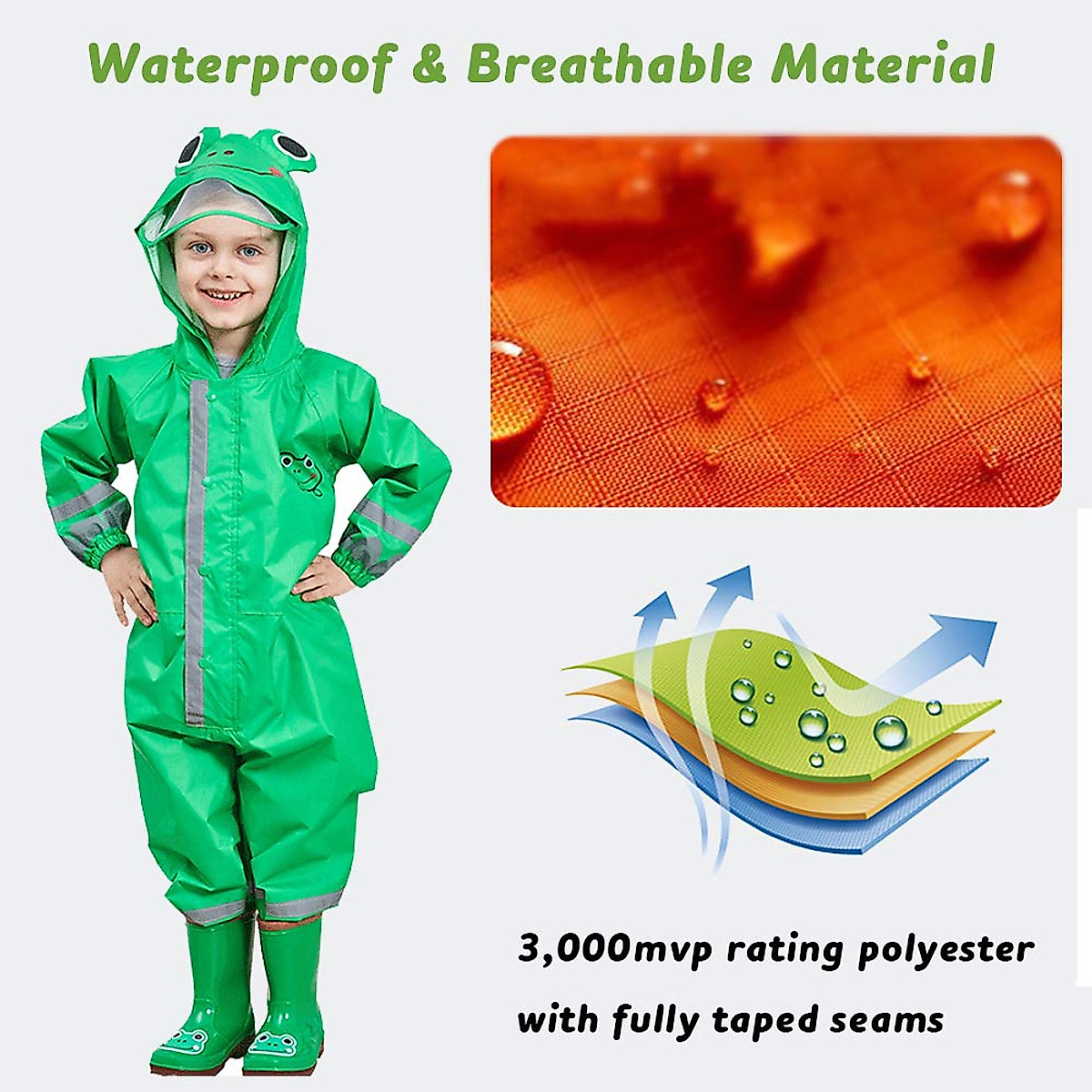 Toddler Rain Suit,Waterproof Girls Boys Raincoat,Kids Rain Poncho,Unisex Baby Rain Gear Jacket Coverall (M, Green Frog)
