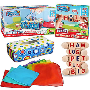 Young Hands 2 in 1 Set Montessori Toys for Kids – Sensory Pull Along Tissue Box + Wooden Reading Blocks - Kindergarten Preschool STEM Learning Activities Wooden Toys Gifts for Kids Toddlers