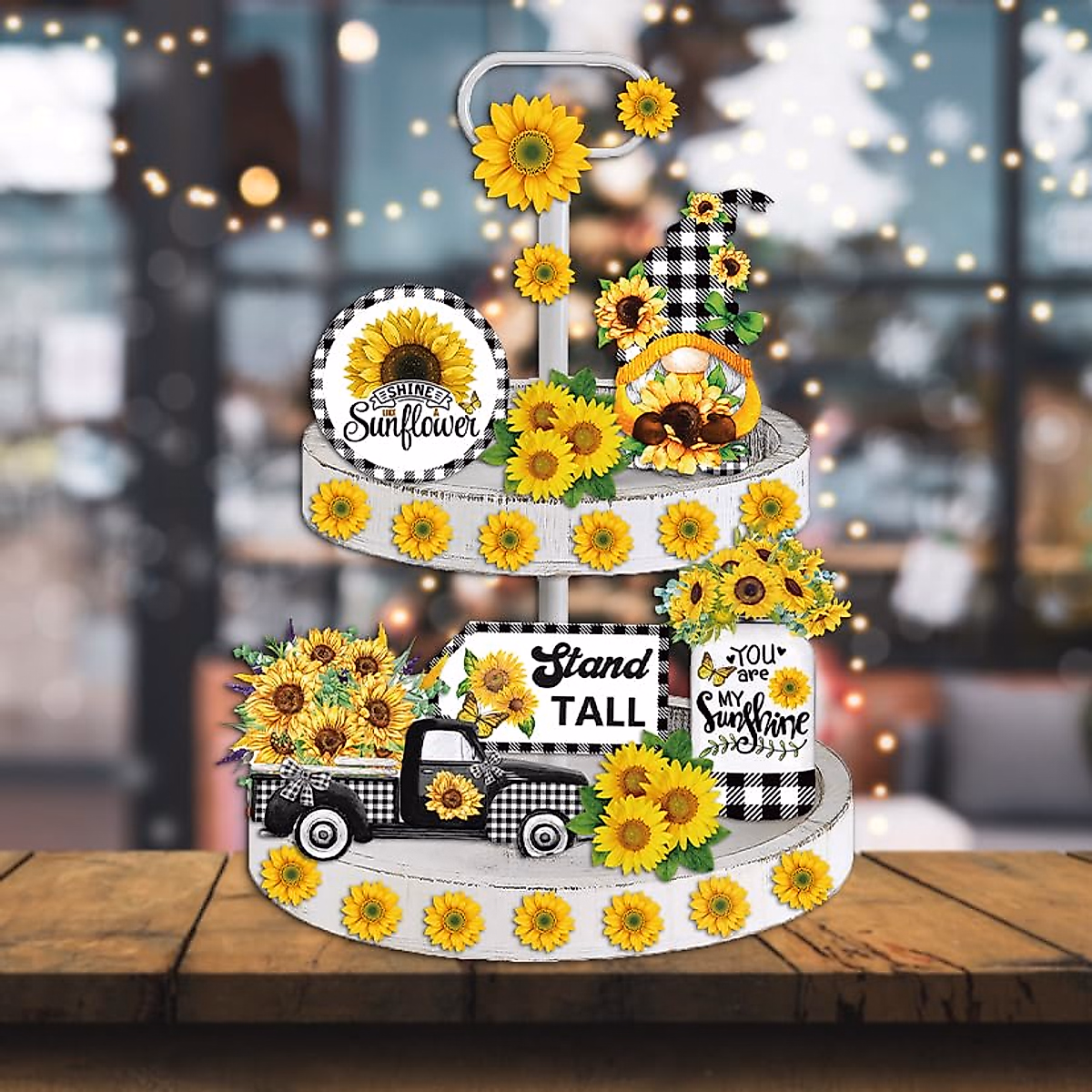 Spring Sunflower Tiered Tray Decor Set Farmhouse Tiered Tray Decor Sunshine Wood Sign Sunflower Kitchen Decor for Home Table Shelf