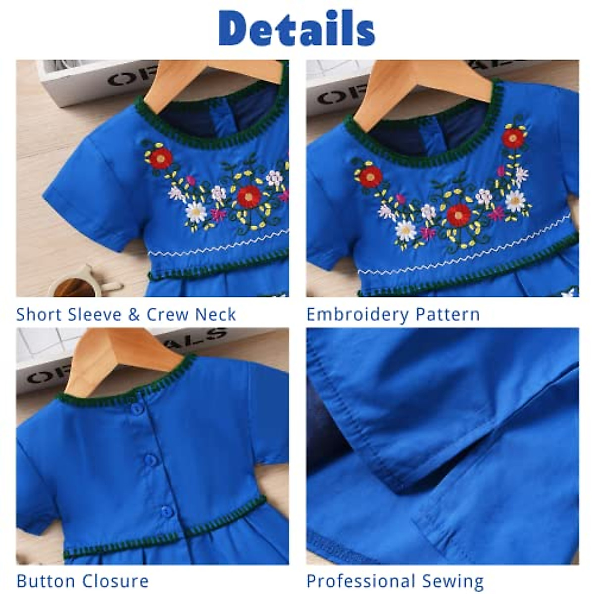 Aalizzwell Infant Baby Girl Embroidered Dress Ethnic Wear Short Sleeve Sundress Blue 6-12 Months