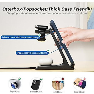 KPON Charging Station for Popsocket/Otterbox Compatible, 3 in 1 Wireless Charger for Thick Cases of 0.39 inch, Multiple Devices for iPhone 15/14/13/12/11/Apple Watch/Airpods