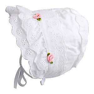 Slowera Cap Baby Girls 100% Cotton Double Brimmed Eyelet Lace Bonnet with Flowers (0-3 Months, White)