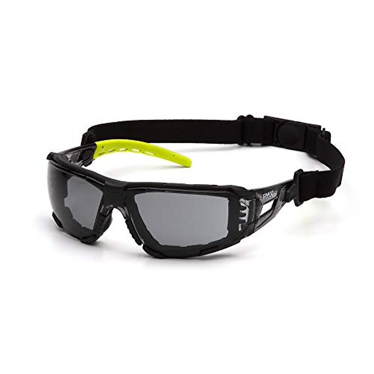 Pyramex Fyxate Safety Glasses Gray Lens H2MAX AF with Foam Padding and Lime Temples