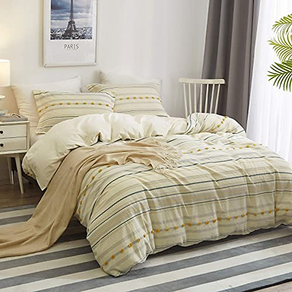 PHF 100% Cotton Tufted Duvet Cover Set King Size, 3pcs Boho Textured Jacquard Comforter Cover Set, Yarn-Dyed Decorative Duvet Cover with Pillow Shams Bedding Collection, 106"x 92", Ivory & Yellow