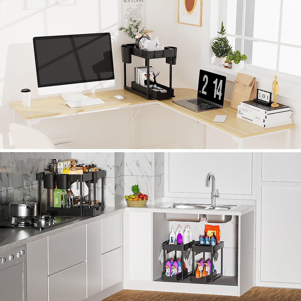 MadebyGNL Under Sink Organizer, Black, ABS Plastic, Slide-Out Basket, 2-Tier, 4 Hooks, 2 Cups, No Tools Required, Easy Setup, Damp Cloth Wipe, Wide Application, After Sales Service