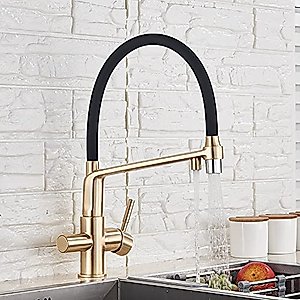 Kitchen Sink Faucet for Bar Farmhouse Commercial, Kitchen Water Filter Faucet Kitchen Faucets, Dual Spout Filter Faucet Mixer, 360 Degree Rotation Water Purification Feature Taps ( Color : Brushed Gol