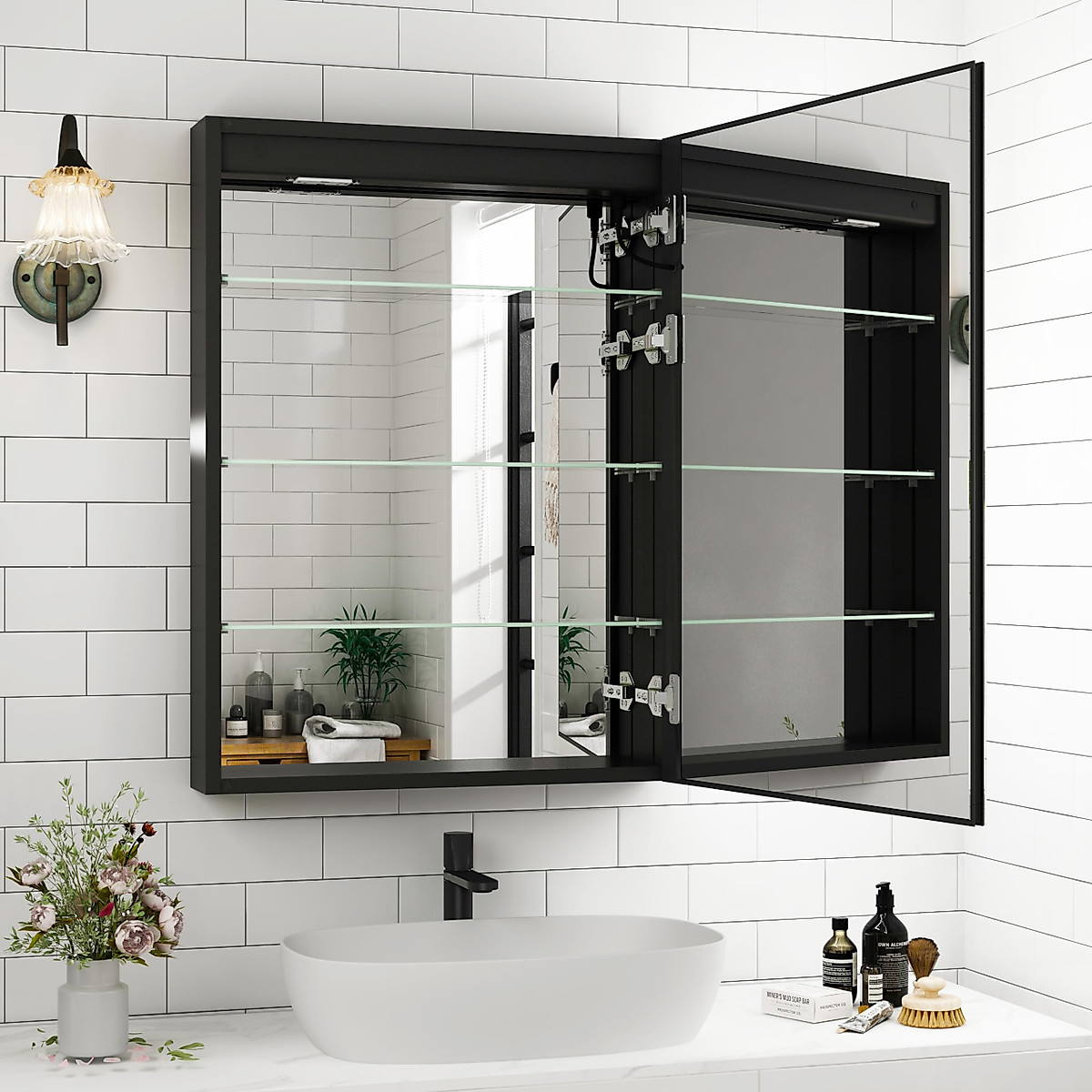 Klajowp LED Lighted Bathroom Medicine Cabinet with Mirror, 24x32 Inch Medicine Cabinet with Mirror, Recessed or Surface Bathroom Medicine Cabinet with Lights, Medicine Cabinet Mirror Black, Anti-Fog