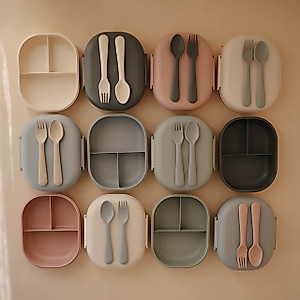 mushie Kids Bento Lunch Box | 3-Compartment & Removable Divider + Fork & Spoon Utensils | Great For Meals, School, Snacks On-the-Go | Dishwasher Safe (Sage)