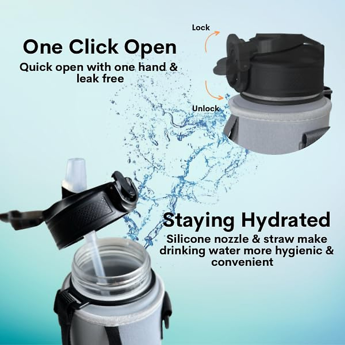 FuelUp Motivational Water Bottle Black with Sleeve, Flip Top Durable BPA Free Tritan Non-Toxic Frosted Bottle Perfect for Office, School, Gym and Workout