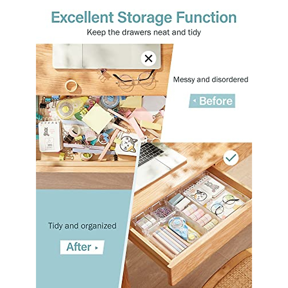 Kootek 31 Pcs Desk Drawer Organizer Set 5-Size Bathroom Drawer Tray Dividers Versatile Storage Bins Plastic Vanity Trays Organizers Divider Container for Dresser Makeup Kitchen Utensil Office