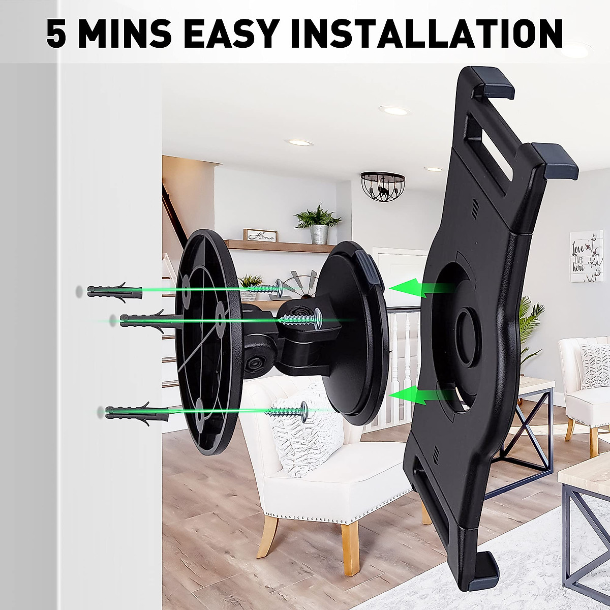 AboveTEK iPad Wall Mount, Swivel 360° Rotating Tablet Holder Two Brackets to Fit 6-13" Tablets, Horizontal/Vertical Tilt iPad Arm for Flexible Viewing Angles in Kitchen Showroom Retail Store (Black)
