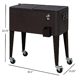 Outsunny 80 QT Rolling Cooling Bins Ice Chest on Wheels Outdoor Stand Up Drink Cooler Cart for Party, Dark Brown Wicker