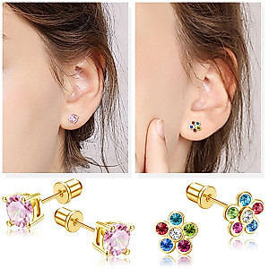 FIBO STEEL 8 Pairs Hypoallergenic Screw back Earrings for Women 316L Stainless Steel CZ Heart Pearl Flower Butterfly Screw Back Stud Earrings Pack Gold