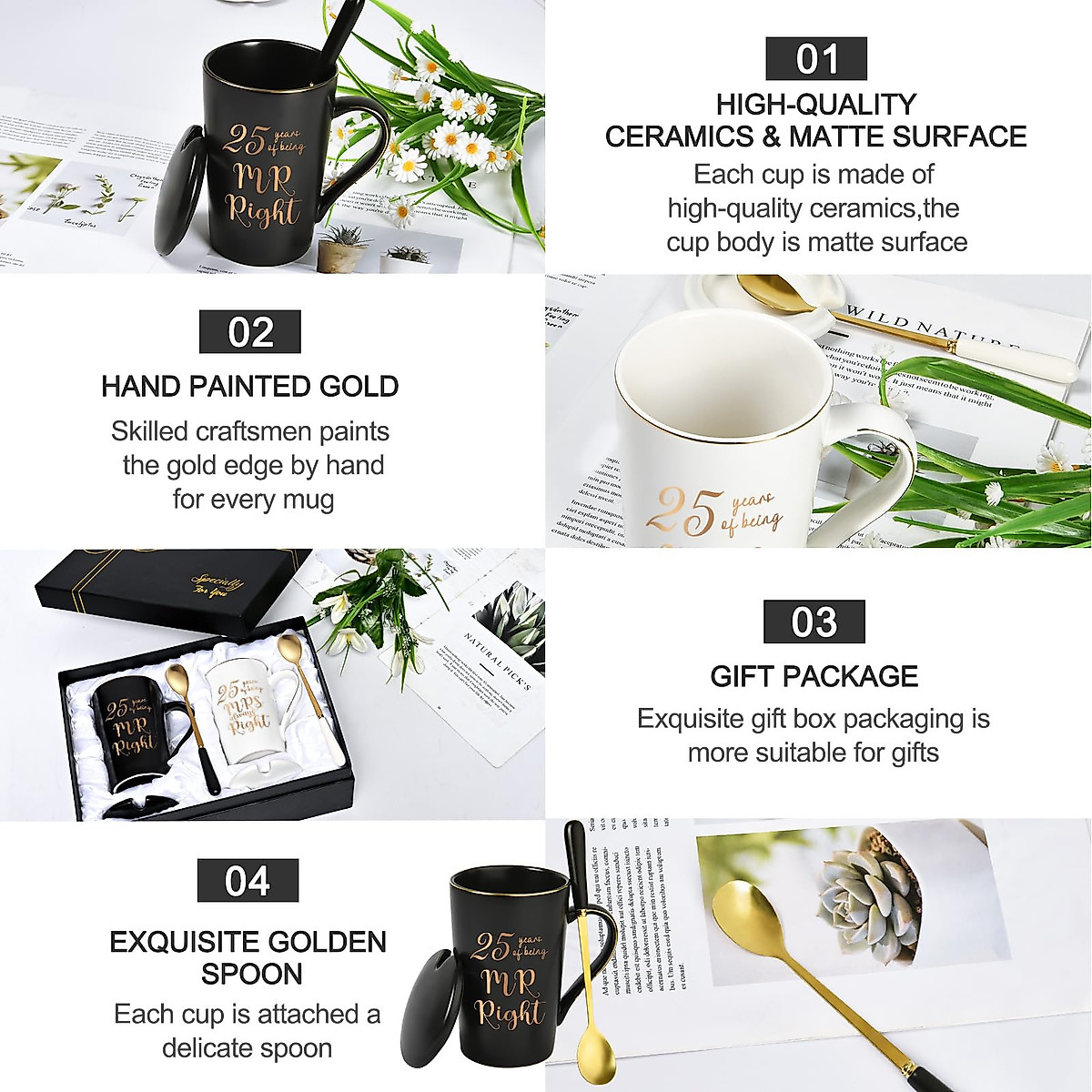 YHRJWN 25th Anniversary Presents, 25th Wedding Anniversary Presents for Couple Parents, 25th Mr Right Mrs Always Right Coffee Mugs, His and Hers Gifts, 14 Oz with Lids, Spoons and Gift Box