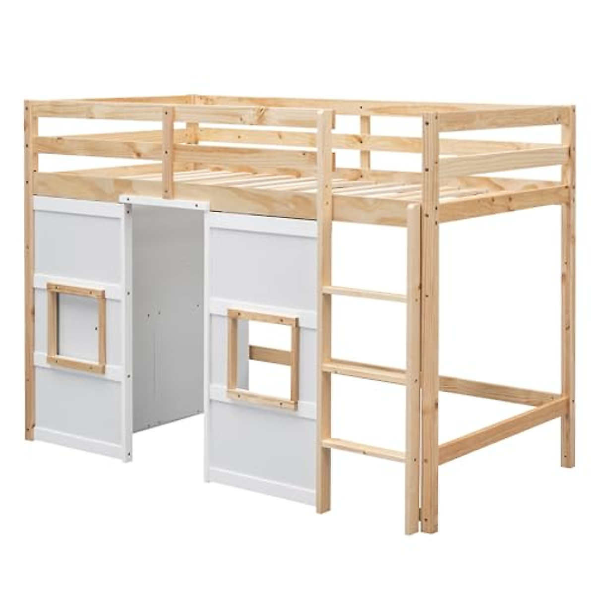 BOVZA Twin Size Loft Bed with Built-in Storage Wardrobe and 2 Windows, Wood Playhouse Loft Bed Frame with High Guard Rails for Kids Boys Girls Teens, Natural+White