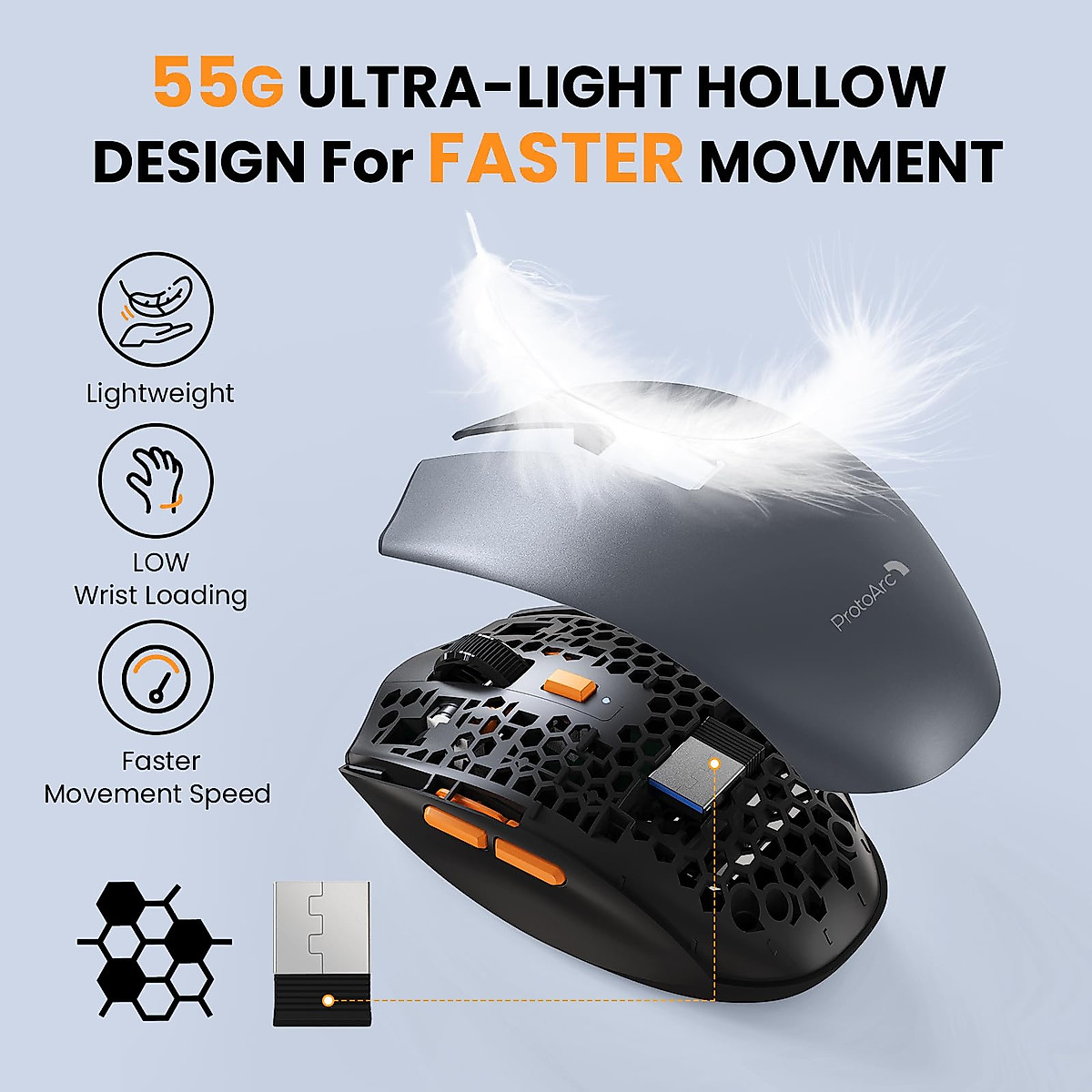 ProtoArc Solight Wireless Bluetooth Mouse, 55g Lightweight Mouse Wireless, 2.4G Cordless Quiet Rechargeable Mouse With 3 Device Connection, 3 Adjustable Dpi, Skeleton Design For Pc, Ipad, Mac, Windows