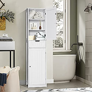 Iwell Tall Linen Tower Cabinet, Freestanding Bathroom Cabinet with 2 Doors 6 Tier Shelves & Drawer, Narrow Floor Storage Cabinet for Living Room, White