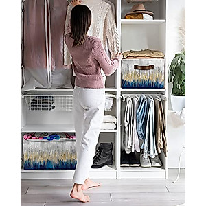 Storage Bins Large Storage Cubes 15x11x9.6 inch Abstract Blue and Golden Pattern Foldable Storage Basket for Shelves for Organizing Closet Shelf Nursery Toy