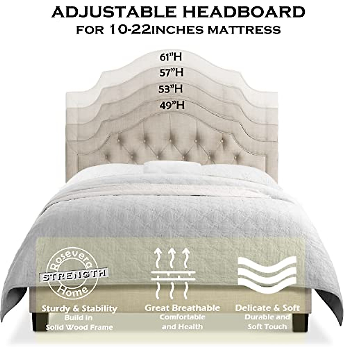 Rosevera Jardin Button Tufted Platform Bed Frame/Fabric Upholstered Bed Frame with Adjustable Headboard/Wood Slat Support,King, Beige