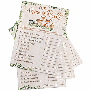 Printed Party Baby Shower Games – The Price is Right Game for Boy or Girl, Woodland Forest Animals Theme, 50 Cards