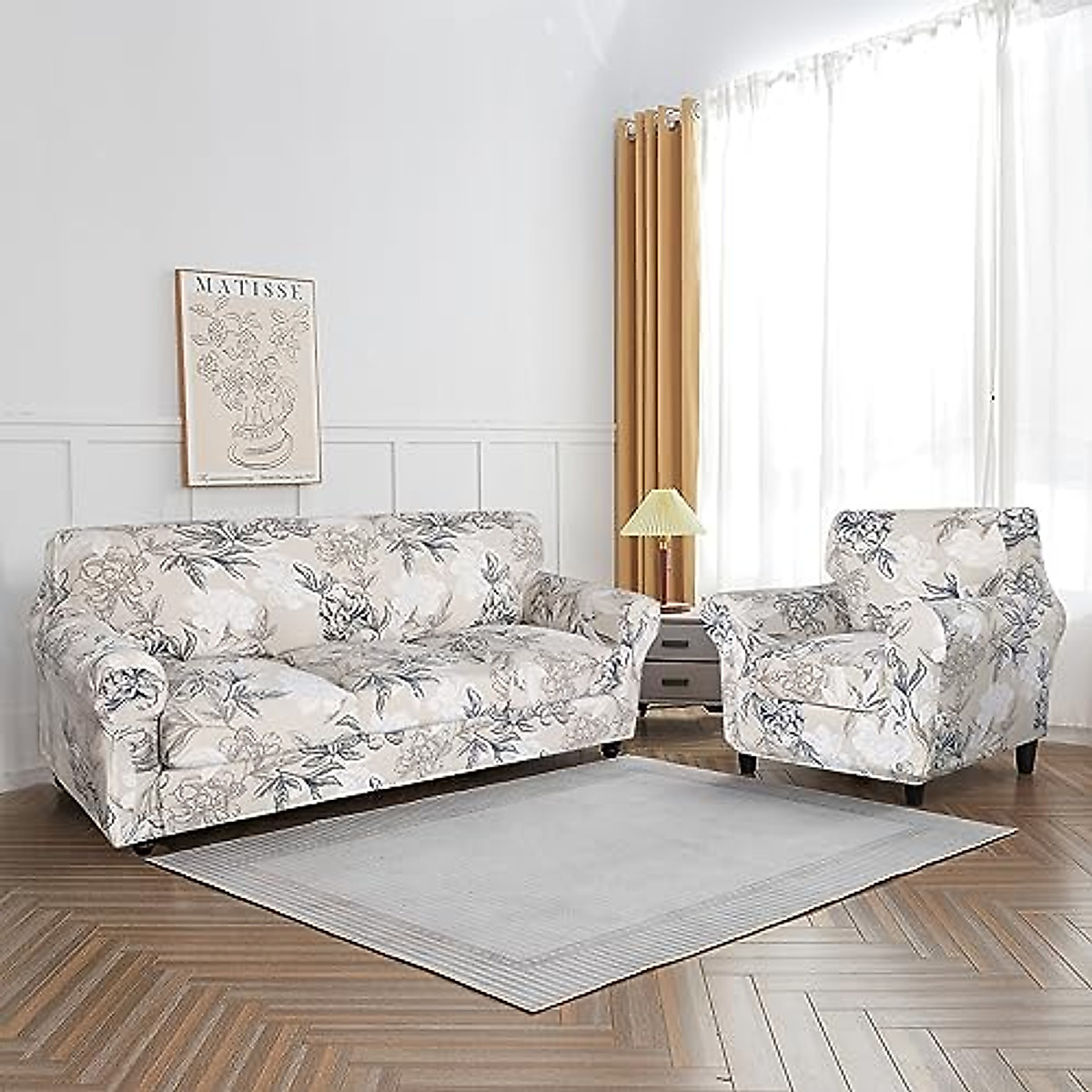 SearchI Stretch Sofa Cover Printed Couch Covers, Floral Pattern 2 Piece Armchair Slipcover with Separate Chair Cushion Cover, Washable Furniture Protector for Living Room(Armchair, Flower Shadow)