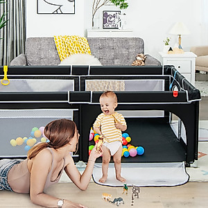 GLACER Baby Playpen 81"x59", Extra Large Playard with Gate, Non-Slip Design Base, Indoor & Outdoor Kids Activity Center, Safety and Sturdy Play Yard Fence, Black