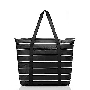ALOHA Collection Pinstripe Zipper Tote in White on Black