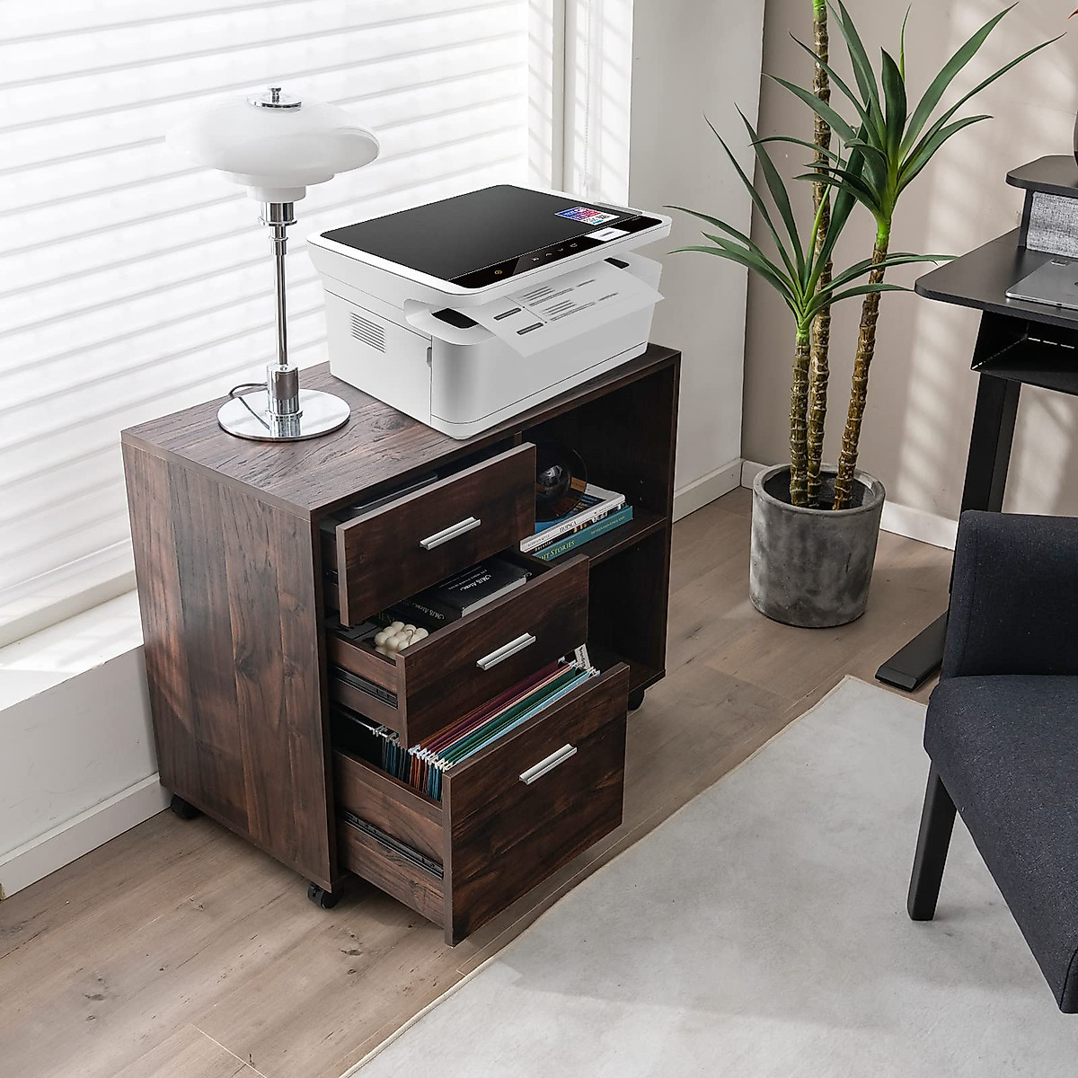 Giantex 3-Drawer Lateral File Cabinet - Mobile Rolling Printer Stand with 2 Open Storage Shelves, Hanging Bar for Letter Size Files, Filing Cabinet Under Desk on Wheels for Home & Office Organization