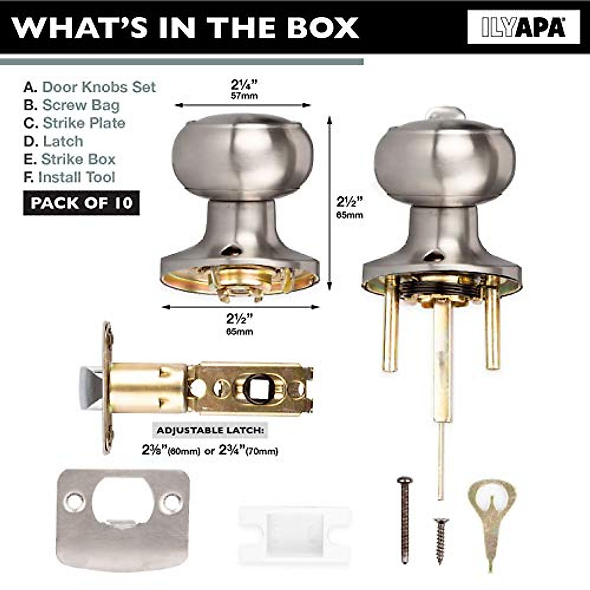 Ilyapa Privacy Door Knobs for Bed and Bath - Colonial Style, Satin Nickel Interior Keyless Turn Thumb Locking Round Door Handle, Satin Nickel, 10 Pack