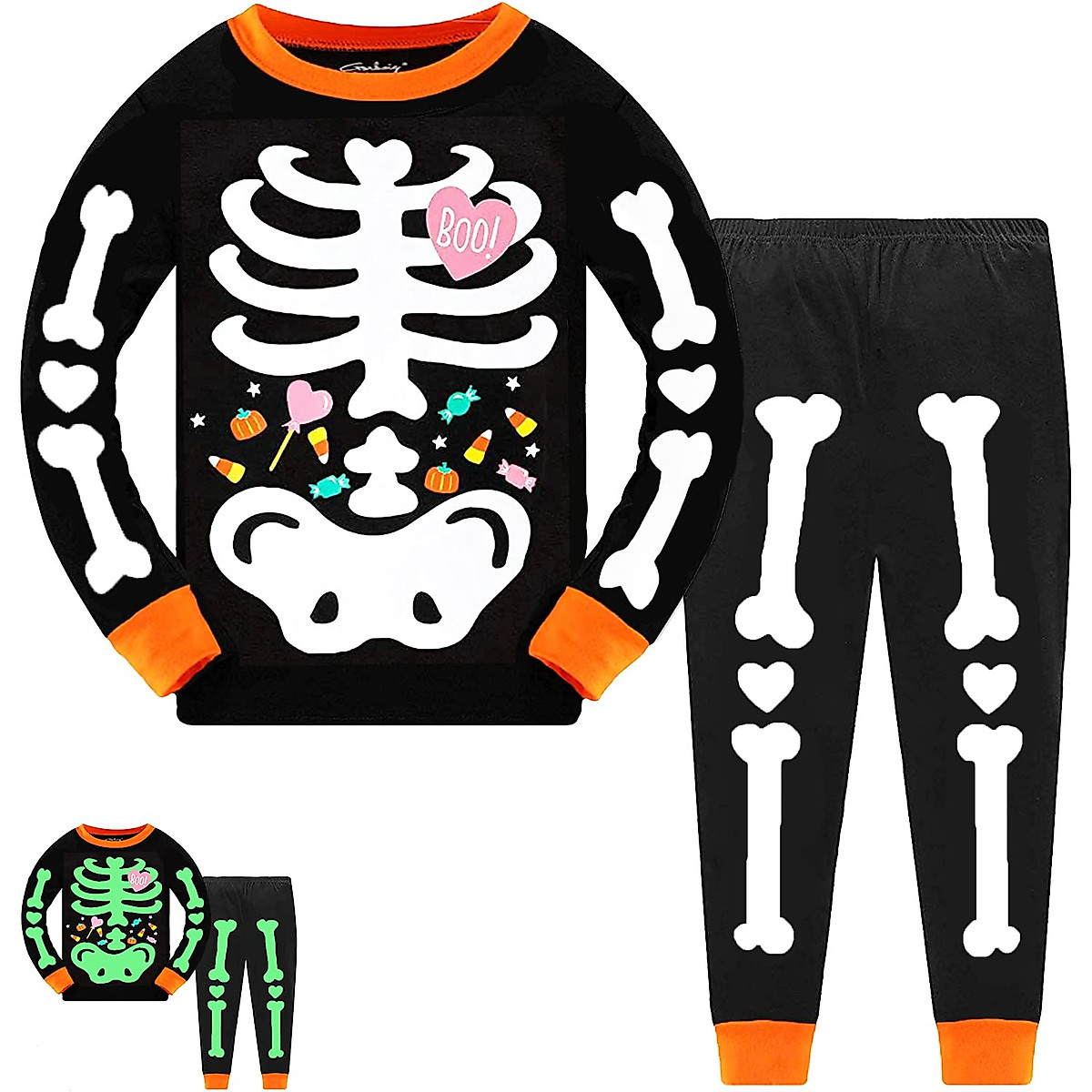 Tkria Kids Pajamas for Girls Skeleton Glow-in-The-Dark Cotton Sleepwear Toddler Clothes Halloween Outfit Size 1-12T