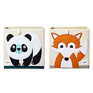 3 Sprouts Kids Childrens Collapsible Fabric 13 x13 x 13 Inch Storage Cube Bin Box for Cubby Shelves, Orange Fox and Panda Bear (2 Pack)