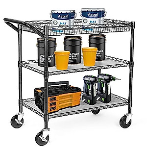 WDT 990Lbs Capacity Heavy Duty Rolling Utility Cart, NSF Rolling Carts with Wheels,Commercial Grade Metal Cart with Handle Bar & Shelf Liner,Trolley Serving Cart for Restaurant,Kitchen,Black