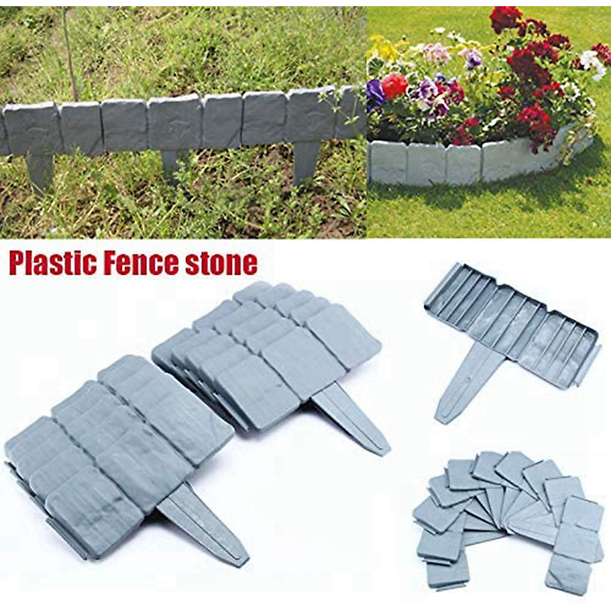 GUOFEI DIY Decorative Flower Grass Bed Border,Grey Stone Effect Plastic Palisade Fence Lawn Edging Garden Fence Edging,for Garden,Lawn,Walkway and Landscape Edging (10pcs, Gray)
