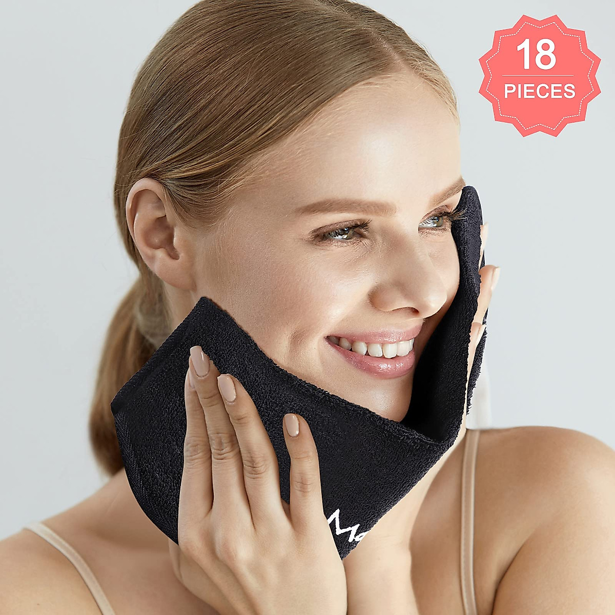 Chumia 18 Pcs Makeup Remover Towels 13 x 13 Face Cotton Washcloths with Makeup Embroidery Black Facial Reusable Makeup Remover Cloth Soft Cleansing Makeup Washcloths Holiday Gift for Women