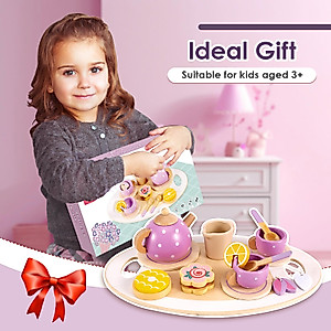 BUYGER Wooden Tea Party Set for Toddler Little Girls 3-5 with Teapot Tea Cup Set Wooden Play Food Toy Kitchen Accessories for Kids Girls Children Boys Toddler…