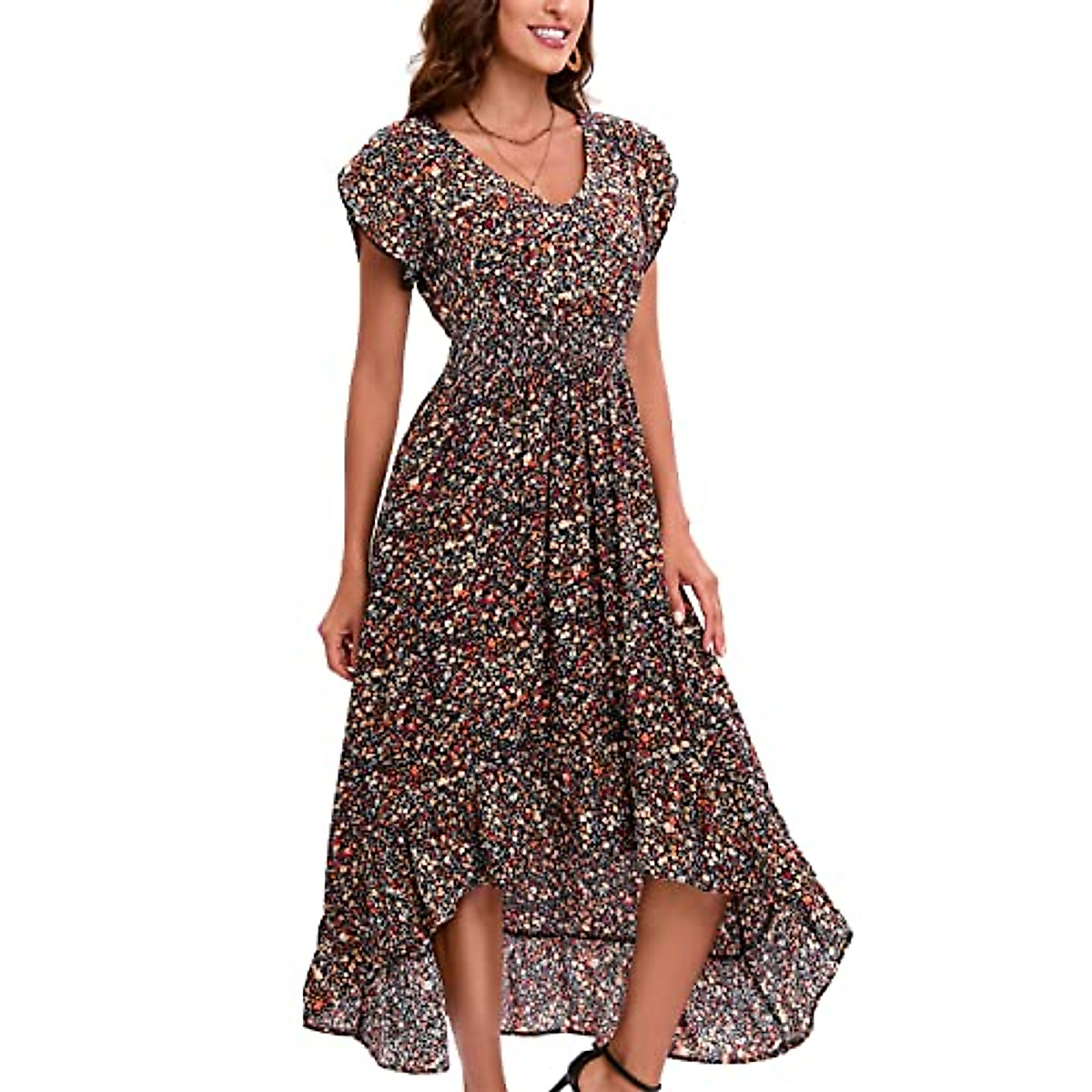 HALCYEEN Floral Printed Wrap Butterfly Sleeve V-Neck Summer Dresses Lace Up High Low Beach Party Midi Dress
