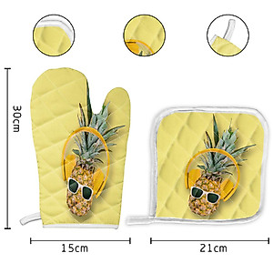 Set of Oven Mitt and Pot Holder,Pineapple Sunglasses Music Mini Oven Gloves and Hot Pads Yellow Funny Tropical Fruit Heat Resistant Kitchen Decor for Cooking BBQ Baking