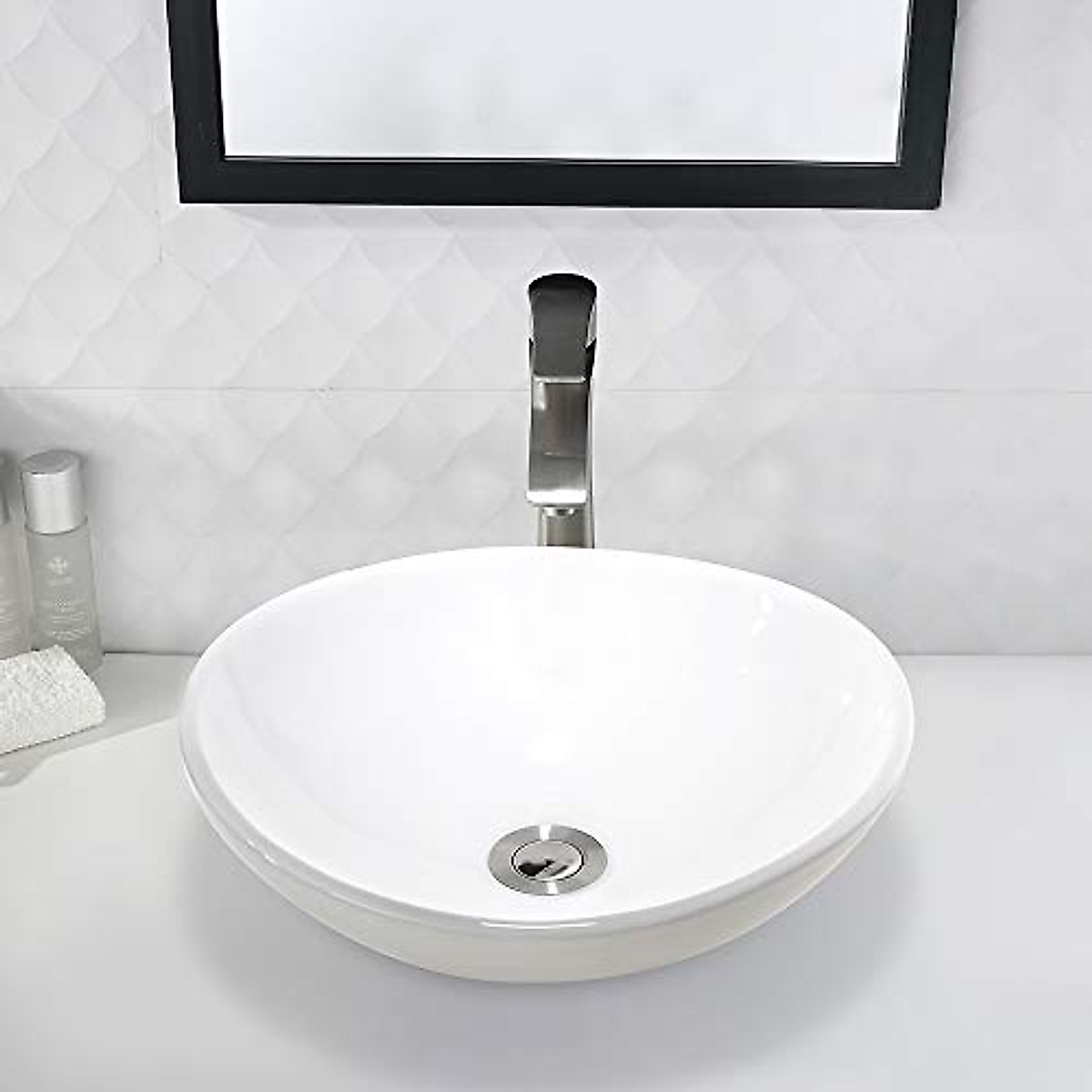 VOKIM Oval White Ceramic Vessel Sink and Faucet Combo -16" x 13" Modern Egg Shape Above Counter Bathroom Vanity Bowl,Brushed Nickel Faucet Matching Pop Up Drain Combo