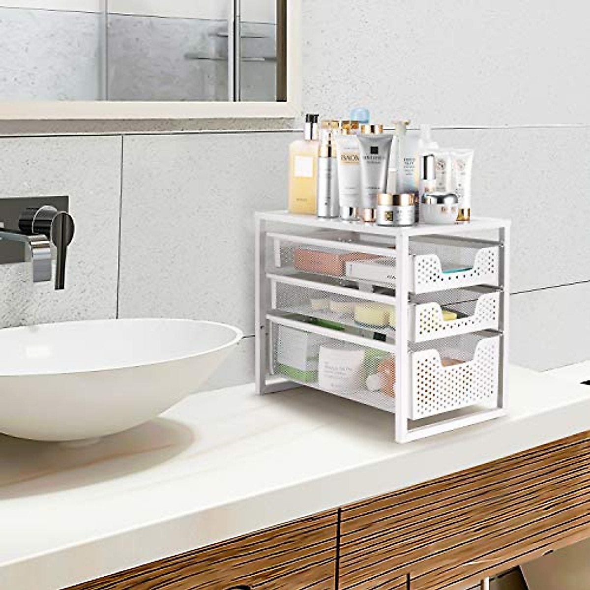 Simple Trending 3-Tier Under Sink Cabinet Organizer with Sliding Storage Drawer, Desktop Organizer for Kitchen Bathroom Office, Stackbale,White