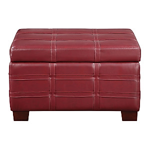 OSP Home Furnishings Detour Strap Square Storage Ottoman with Tray and Solid Wood Legs, Crimson Red Faux Leather