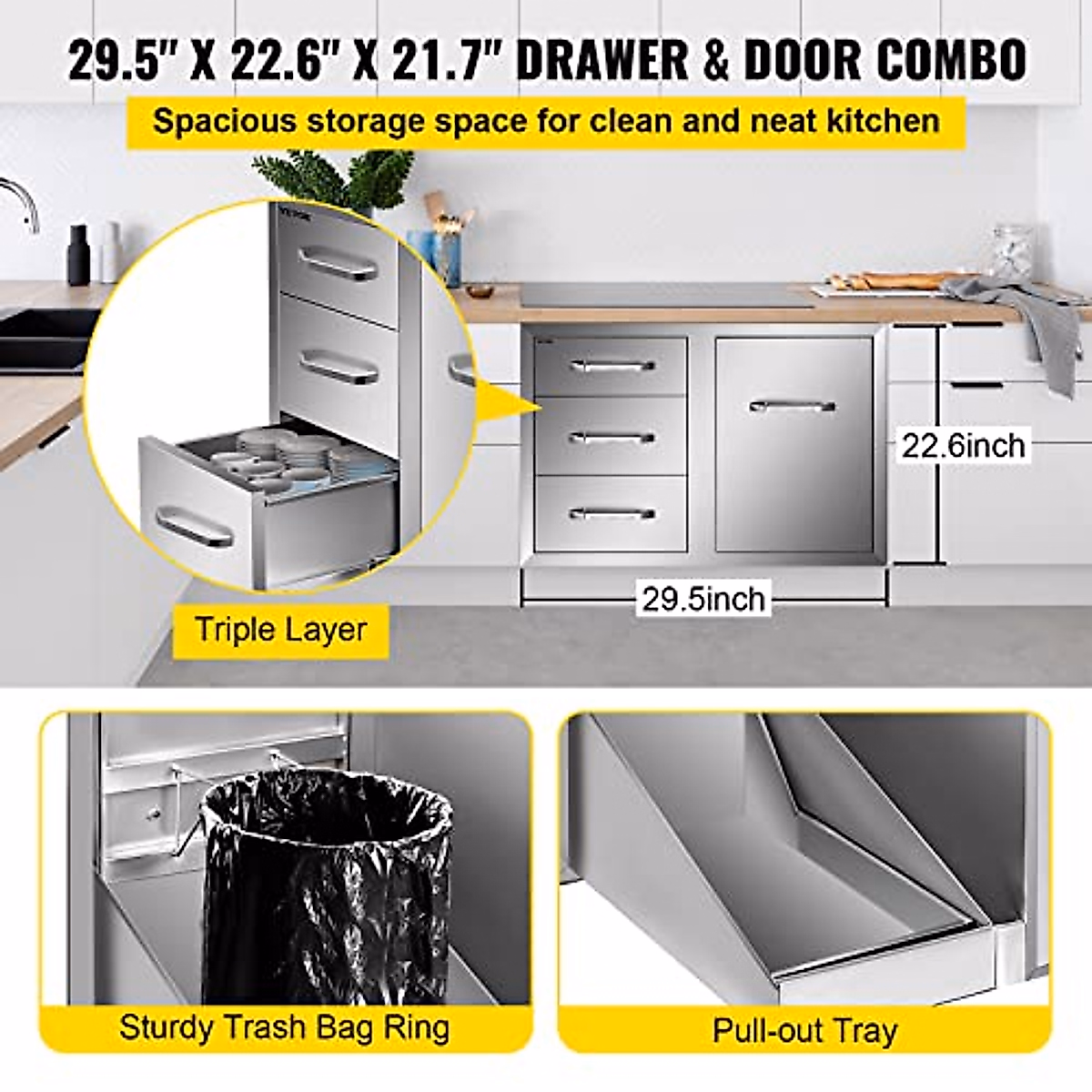 Mophorn Outdoor Kitchen Door Drawer Combo 29.5" W x 22.6" H x 21.7''D, Access Door/Triple Drawers with Propane Drawer and Adjustable Garbage Ring, Perfect for BBQ Island Patio Grill Station