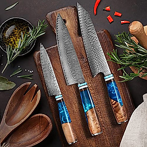 KEENZO Damascus Chef Knife set, Professional Kitchen Knives Set 3 PCS-Sharp 8" Chef Knife & 8" Kiritsuke Chef Knife & 5" Utility Knife. Japanese VG-10 Damascus Steel Cooking Knives set with Gift Box