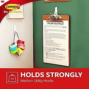 Command Medium Utility Hooks, Damage Free Hanging Wall Hooks with Adhesive Strips, No Tools Wall Hooks for Hanging Organizational Items in Living Spaces, 9 White Hooks and 12 Command Strips
