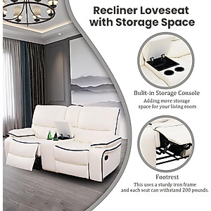AYCP Manual Reclining Living Room Furniture,Bonded Leather Sofa w/Drop-Down Console, Loveseat w/Storage Console for Living Room/House/Bedroom/Office/Apartment (Ivory White, Sofa+Loveseat)