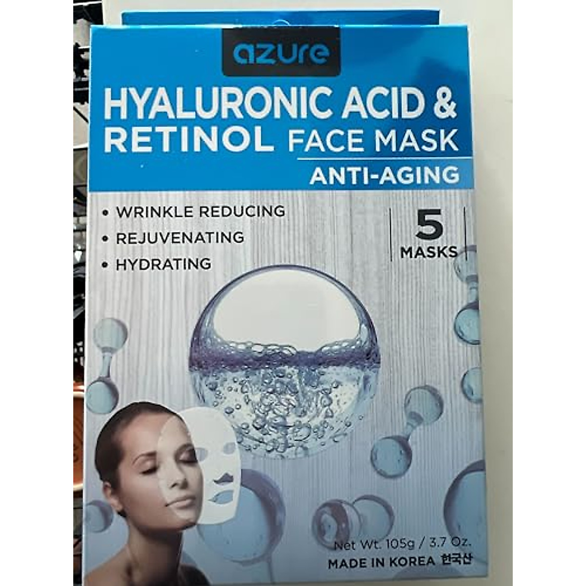 AZURE Hyaluronic Acid & Retinol Anti Aging Facial Mask - Dermatologist Tested - Rejuvenating & Hydrating Face Mask - Helps Reduce Fine Lines & Wrinkles, Smooths & Repairs - Korean Skin Care - 5 Pack