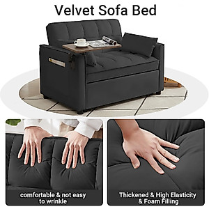 Rovibek 3 in 1 Convertible Sleeper Sofa Bed Pull Out Loveseat for Living Room Apartment Office with Side Table & Adjustable Backrest & Pillows, Black