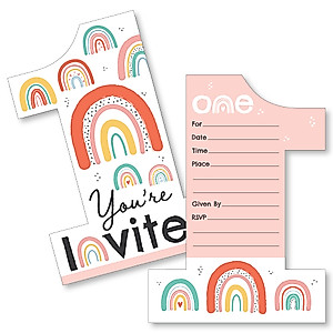 Big Dot of Happiness 1st Birthday Hello Rainbow - Shaped Fill-In Invitations - Boho First Birthday Party Invitation Cards with Envelopes - Set of 12